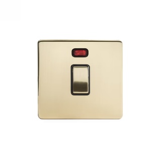 Brushed Brass 20A 1 Gang Double Pole Switch With Neon Blk Ins Screwless