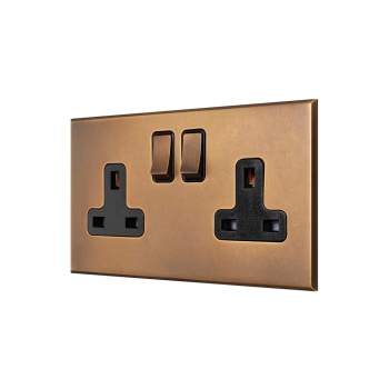 Aged Brass 2 Gang 13A Double Pole Switched Socket with Black Insert ...