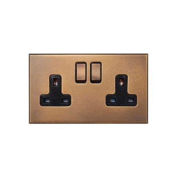 Aged Brass 2 Gang 13A Double Pole Switched Socket with Black Insert ...