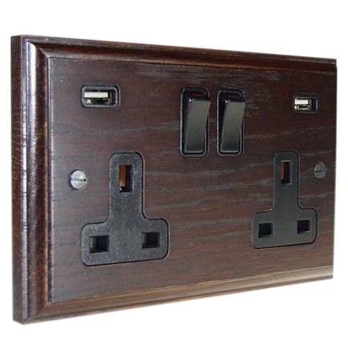 Classic 2G USB Charging Socket in Solid Dark Oak with Black insert.