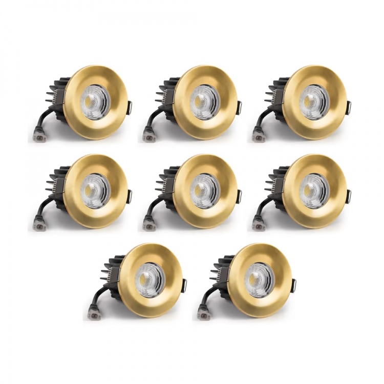 8 Pack - Brushed Gold LED Downlights, Fire Rated, Fixed, IP65, CCT ...