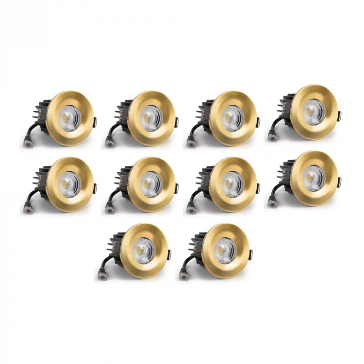10 Pack - Brushed Gold LED Downlights, Fire Rated, Fixed, IP65, CCT ...