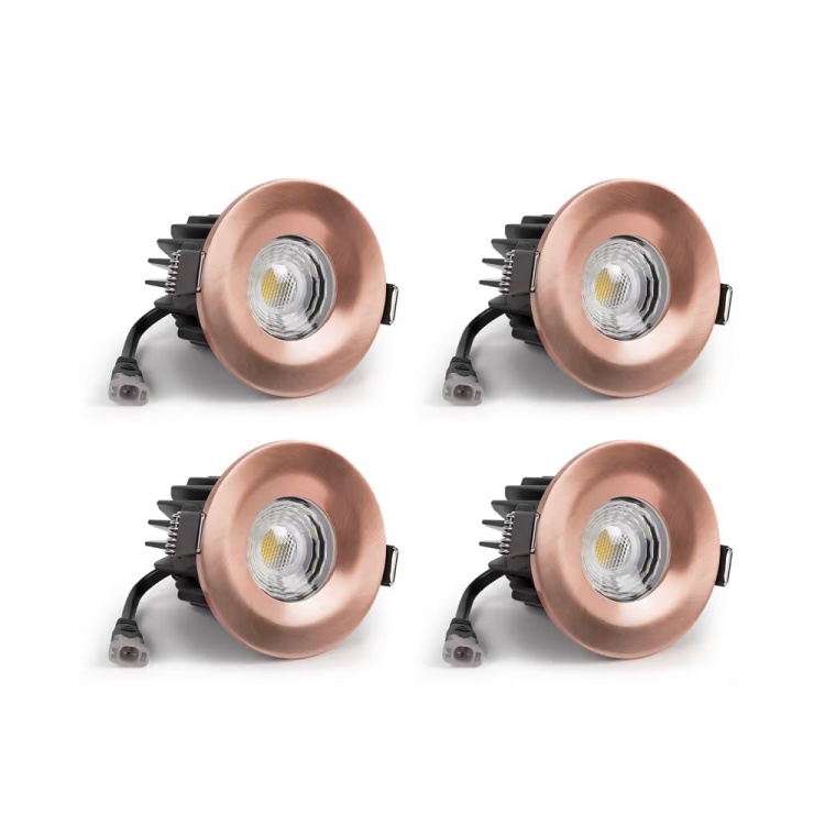 4 Pack - Brushed Copper LED Downlights, Fire Rated, Fixed, IP65, CCT ...
