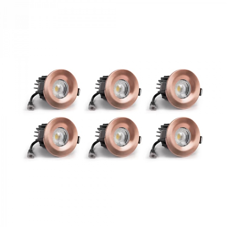 6 Pack - Brushed Copper LED Downlights, Fire Rated, Fixed, IP65, CCT ...