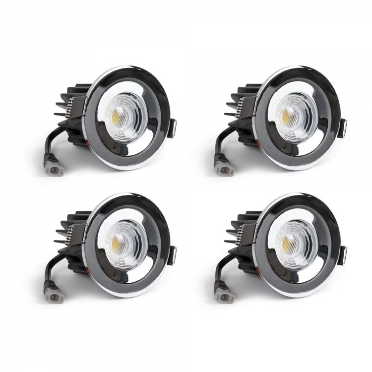 4 Pack - Polished Chrome LED Downlights, Fire Rated, Fixed, IP65, CCT ...