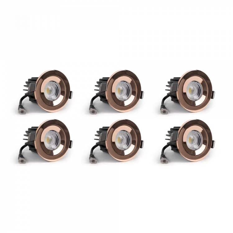 6 Pack - Polished Copper LED Downlights, Fire Rated, Fixed, IP65, CCT ...
