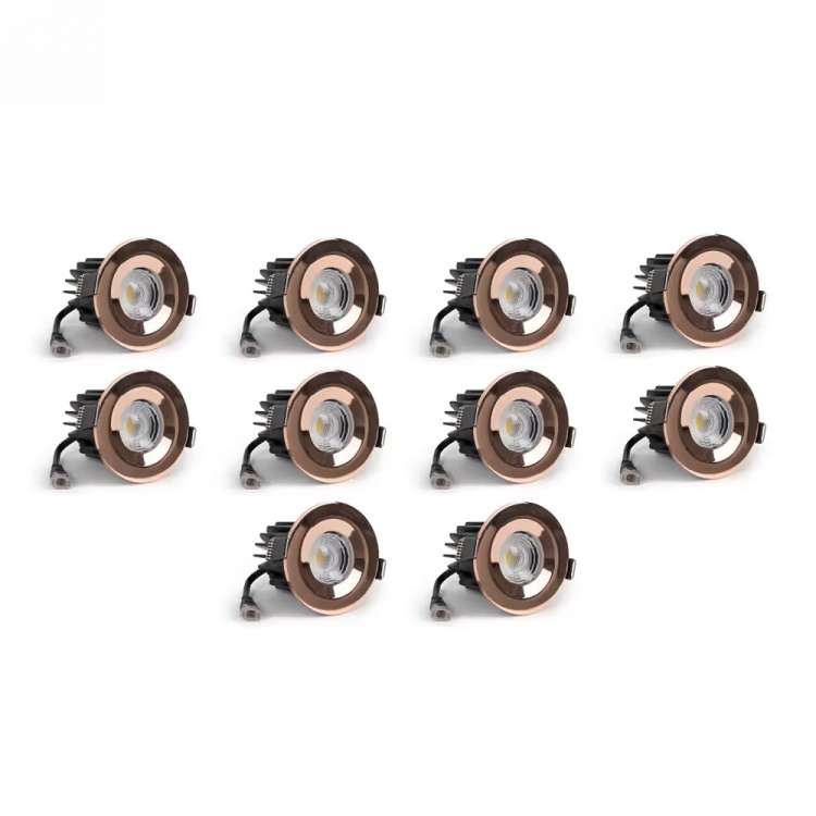 10 Pack - Polished Copper LED Downlights, Fire Rated, Fixed, IP65, CCT ...