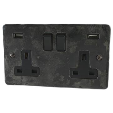 Flat Rustic Double Socket with USB (Black Switches)