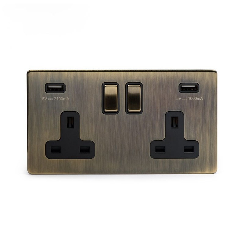 The Charterhouse Collection Aged Brass 2 Gang USB Socket with Black Insert