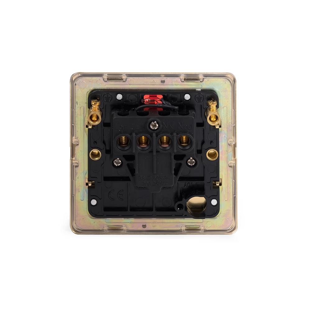 Brushed Brass 20A 1 Gang Double Pole Switch With Neon Blk Ins Screwless