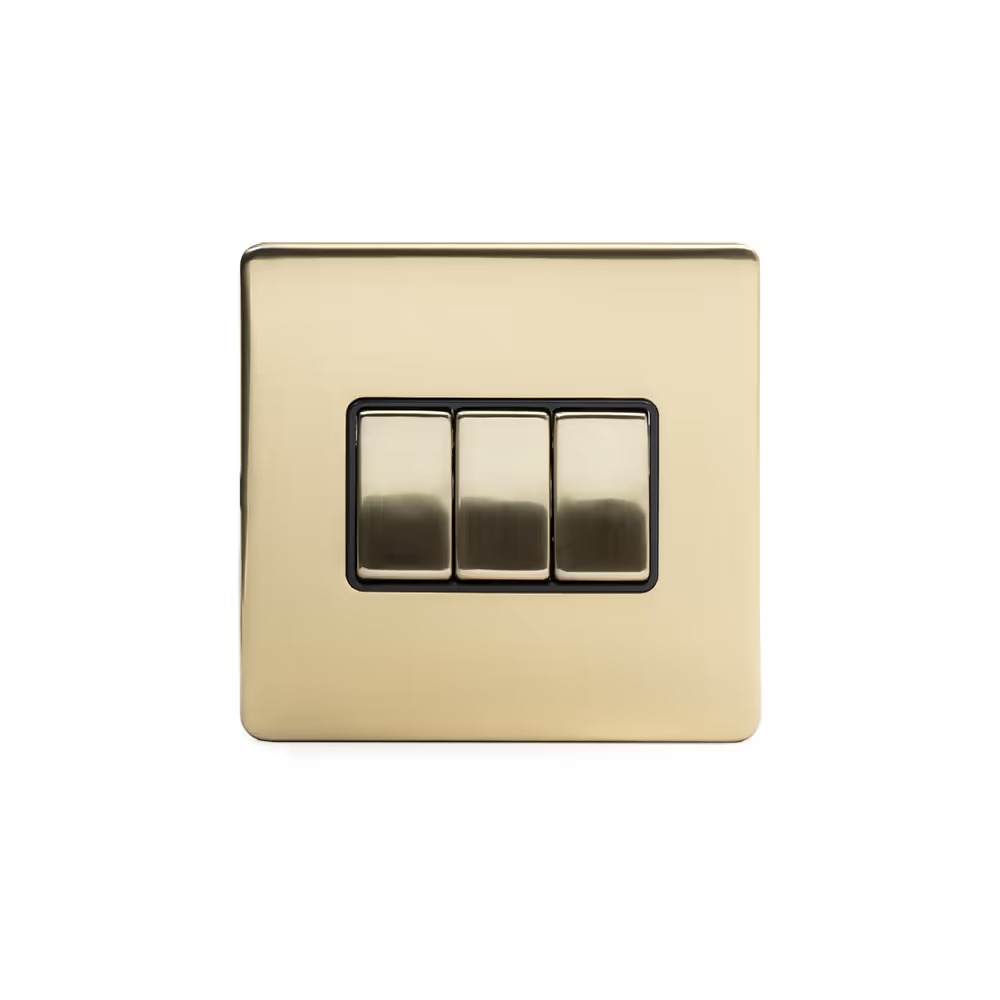 Brushed Brass 3 Gang 2 Way 10A Light Switch Blk Ins Screwless