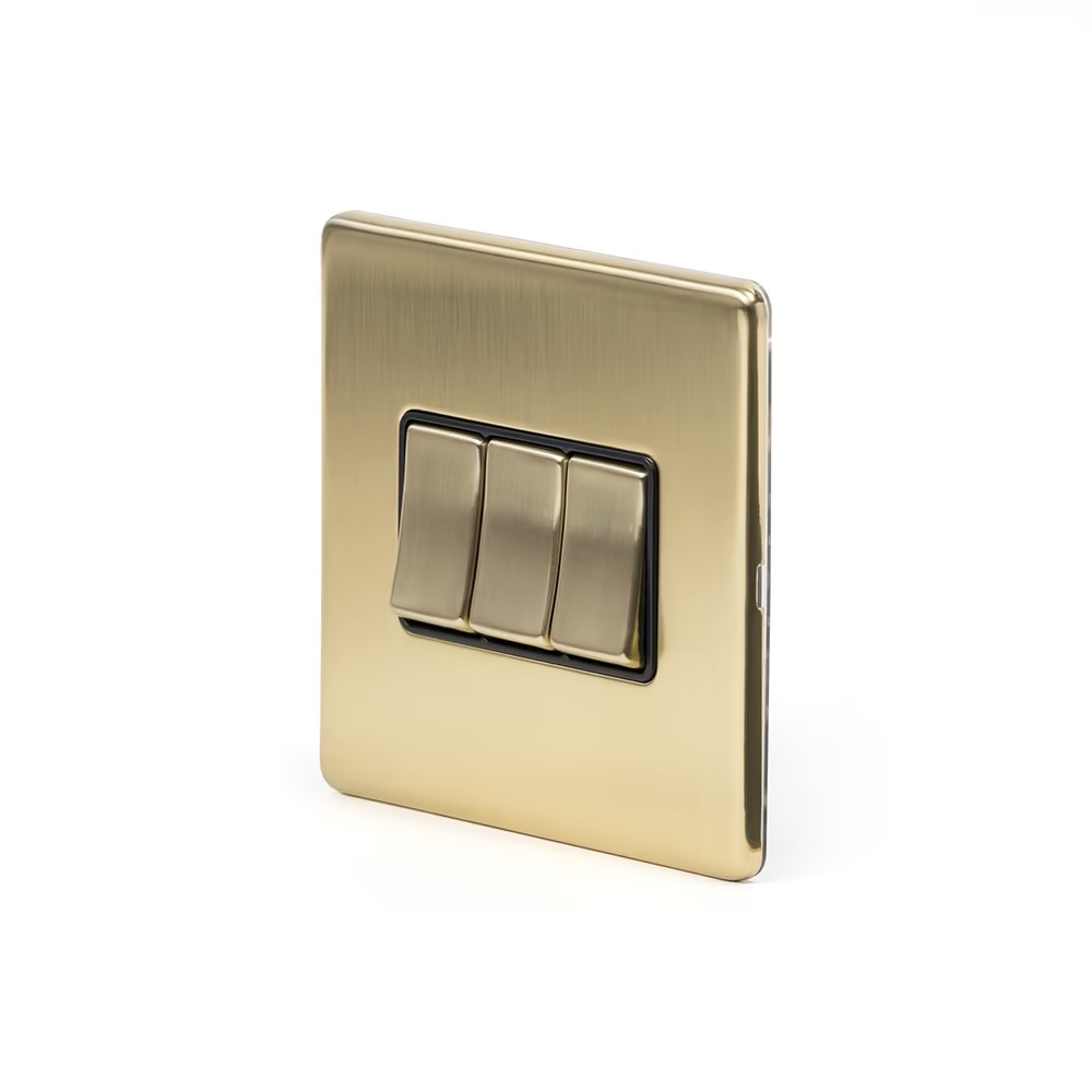 Brushed Brass 3 Gang 2 Way 10A Light Switch Blk Ins Screwless