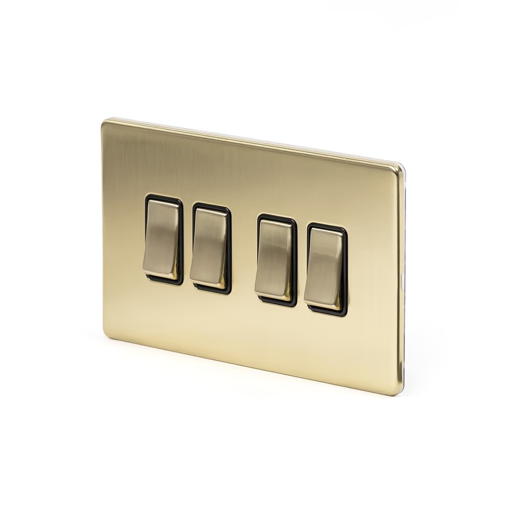 Brushed Brass 4 Gang 2 Way 10A Light Switch Blk Ins Screwless