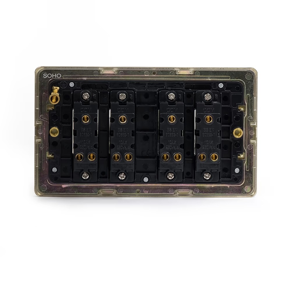 Brushed Brass 4 Gang 2 Way 10A Light Switch Blk Ins Screwless