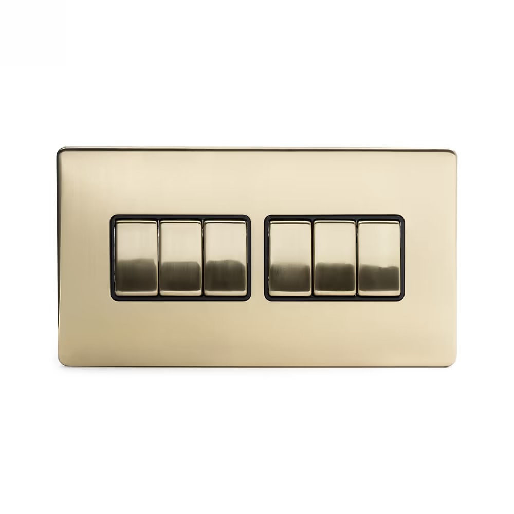 Brushed Brass 6 Gang 2 Way 10A Light Switch Blk Ins Screwless