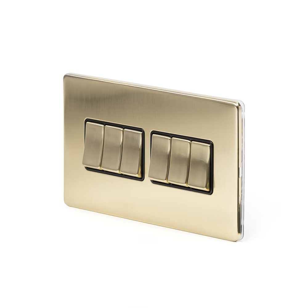 Brushed Brass 6 Gang 2 Way 10A Light Switch Blk Ins Screwless