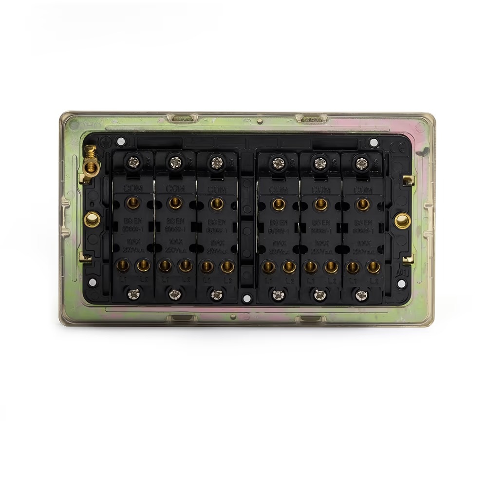 Brushed Brass 6 Gang 2 Way 10A Light Switch Blk Ins Screwless