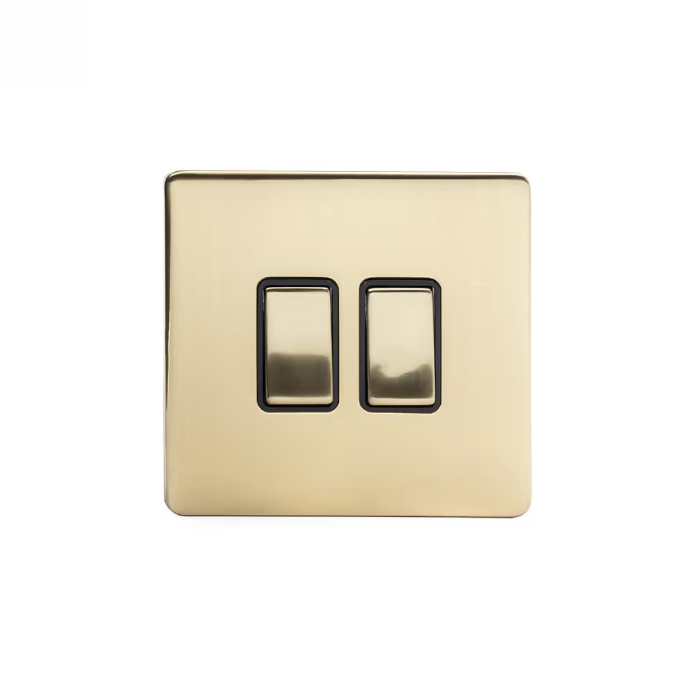 Brushed Brass 2 Gang Intermediate Switch Black Ins 10A Screwless