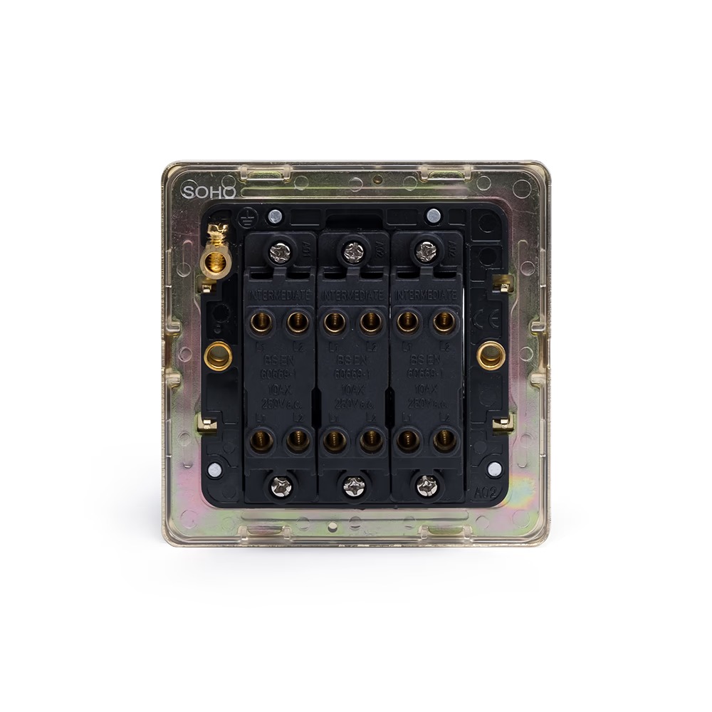 Brushed Brass 3 Gang Intermediate switch Blk Ins Screwless