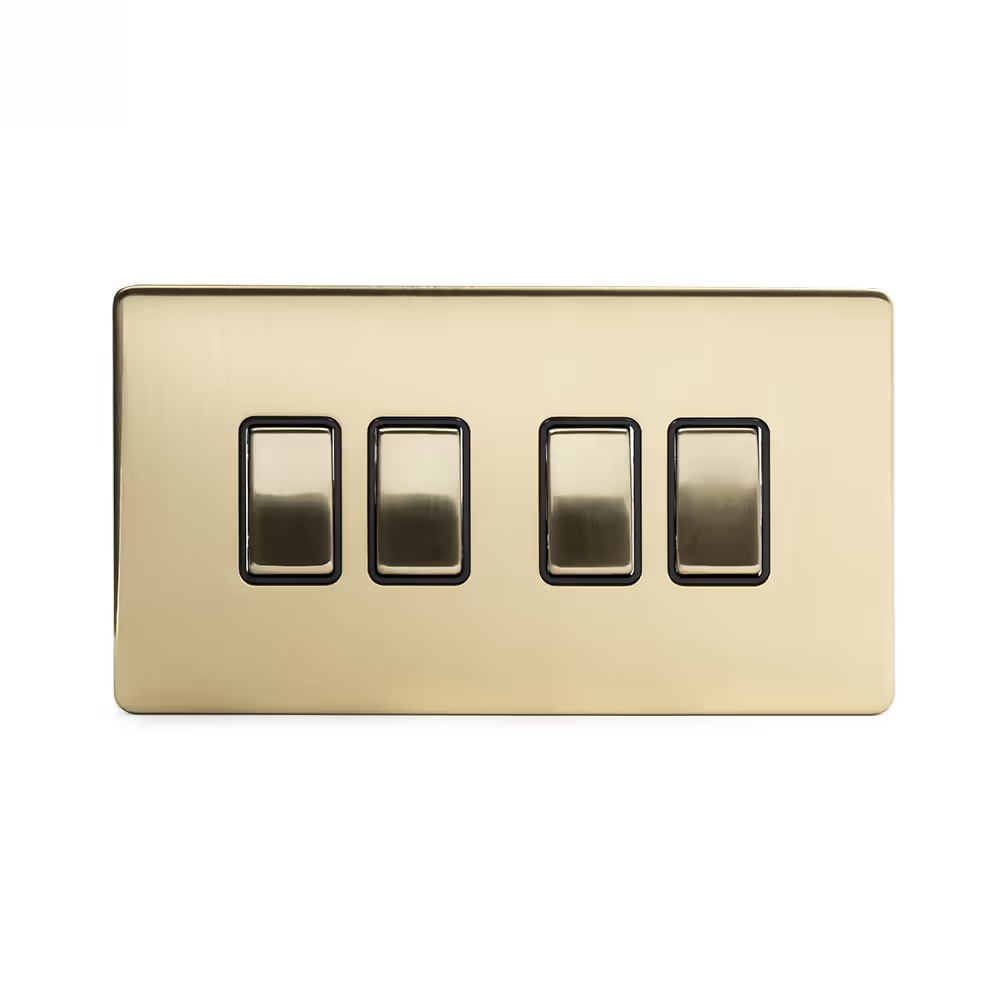 Brushed Brass 4 Gang Intermediate switch Blk Ins Screwless