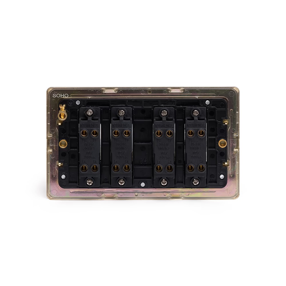 Brushed Brass 4 Gang Intermediate switch Blk Ins Screwless