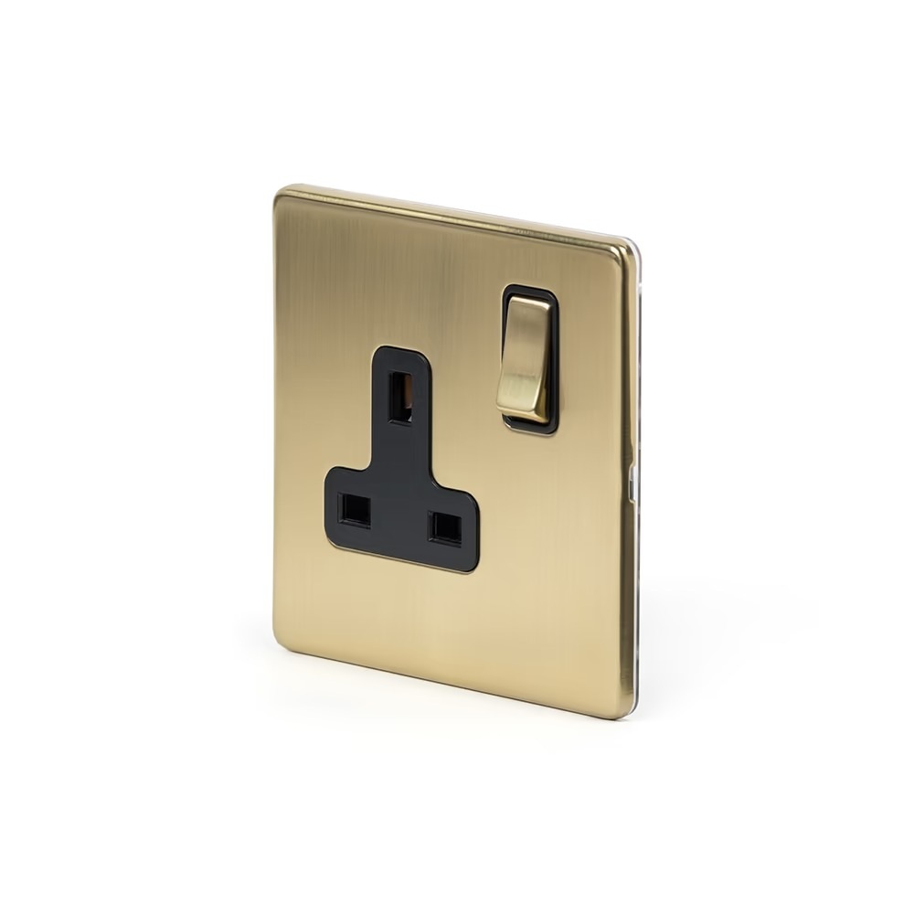 Brushed Brass 1 Gang DP Socket Black Ins 13A Screwless