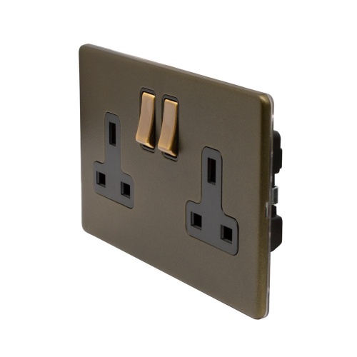 Lighting Bronze 13A 2 Gang Switched Socket, DP Black Inserts Screwless