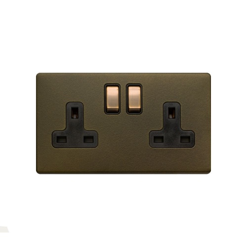 Lighting Bronze 13A 2 Gang Switched Socket, DP Black Inserts Screwless