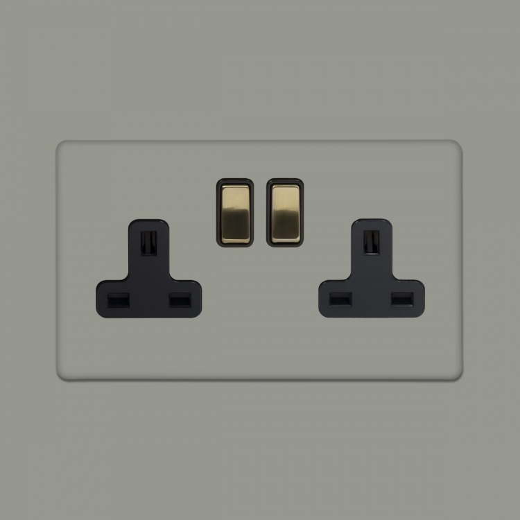 Primed Paintable 2 Gang Socket 13A Double Pole with with Brushed Brass ...