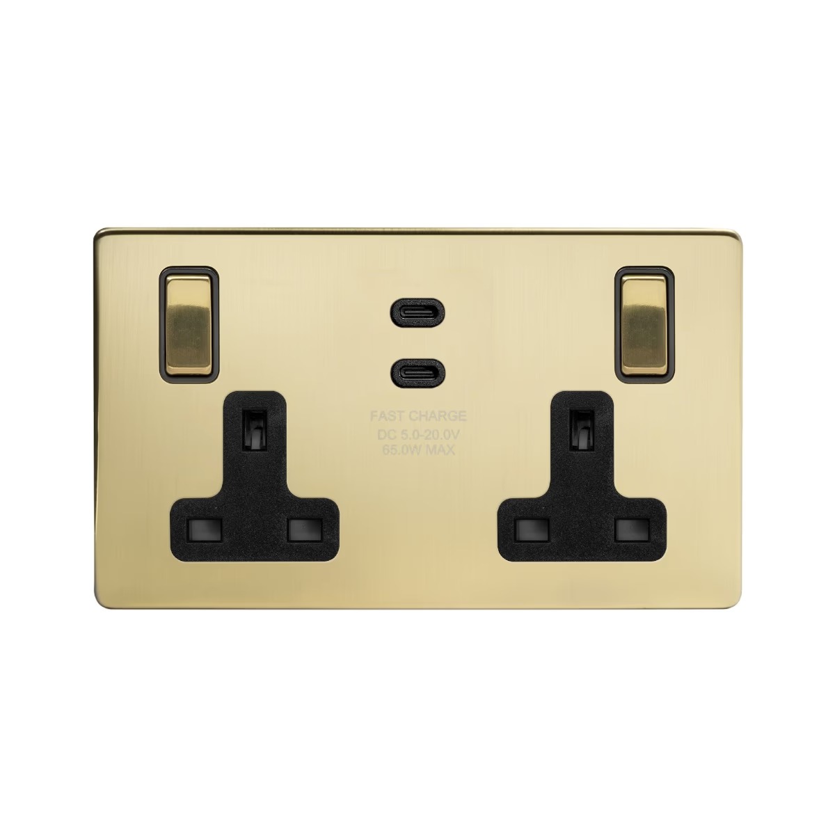 Brushed Brass 2 Gang 65W USB C+C Socket (13A Socket + 2 USB C Ports)