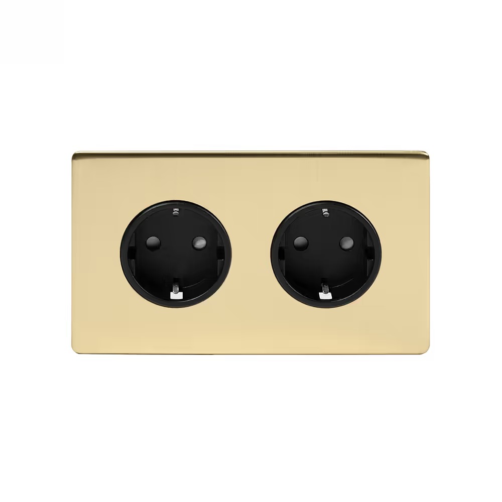 Brushed Brass 16A 2 Gang Euro Schuko Socket Blk Ins Screwless