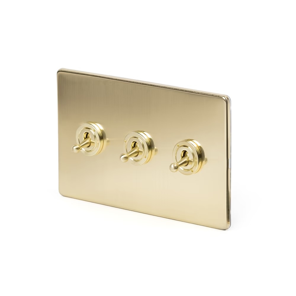 The Savoy Collection Brushed Brass 3 Gang 2 Way Toggle Switch Screwless