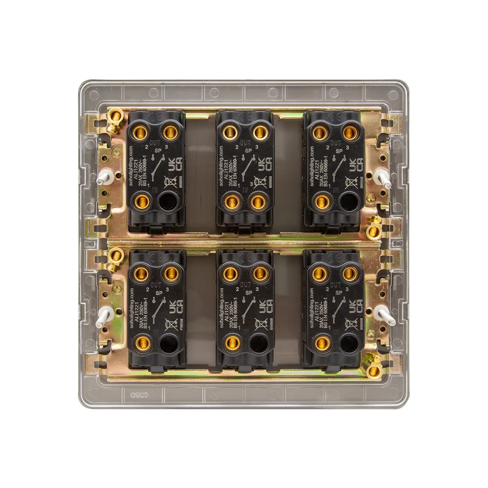 The Savoy Collection Brushed Brass 6 Gang Toggle Light Switch 20A 2 Way ...