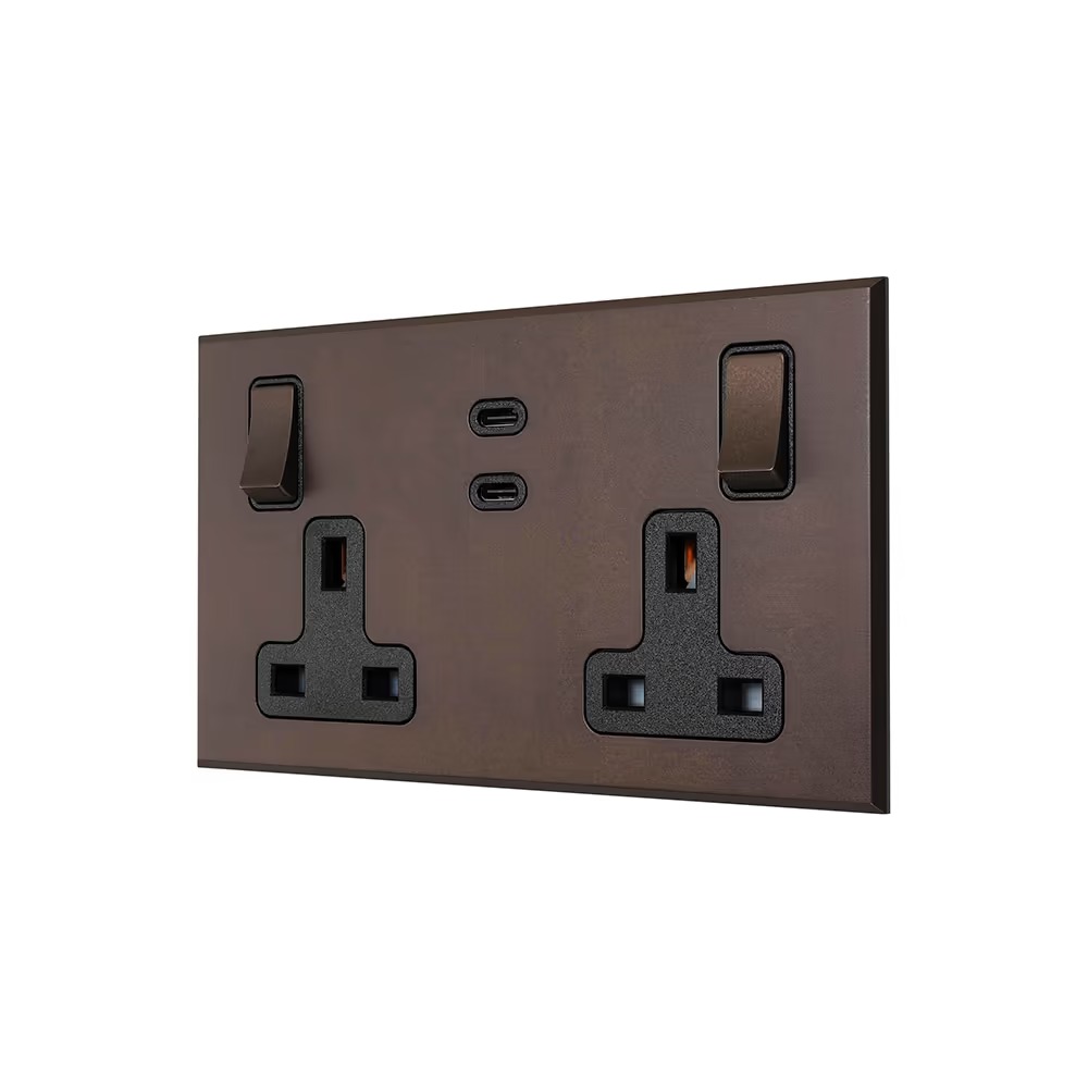 Heritage Bronze 2 Gang 13A Switched Socket 65W Max PD C+C USB Charging ...