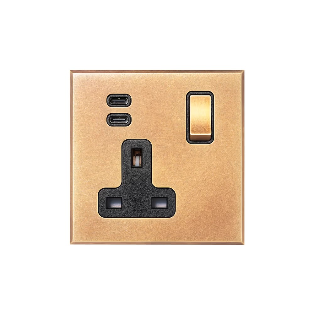Natural Brass 1 Gang 13A Double Pole Switched Socket 3.1A Type C+C USB ...