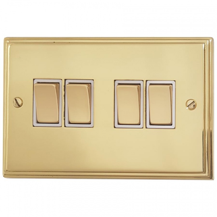 Victorian Cast Polished Brass Light Switch (4 Gang/White Insert)