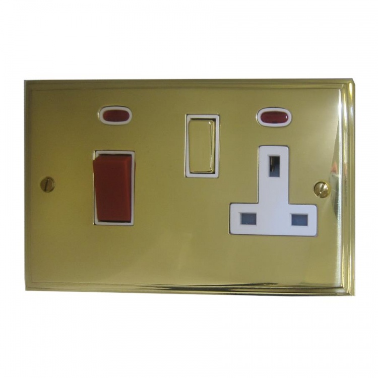 Victorian Cast Polished Brass Cooker Switch with Socket (White Insert)