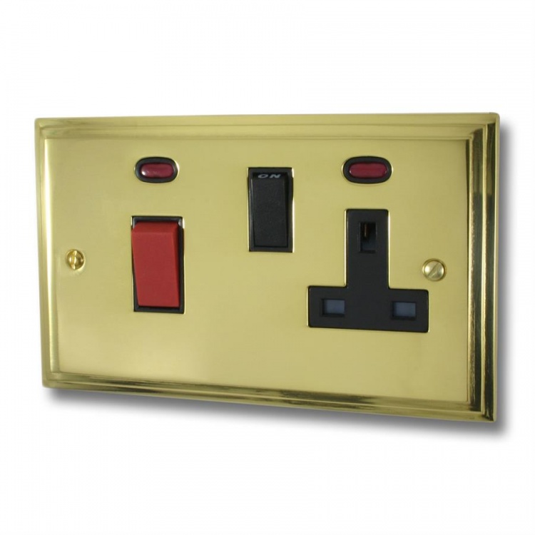 Victorian Polished Brass Cooker Switch Socket (Black Switch)