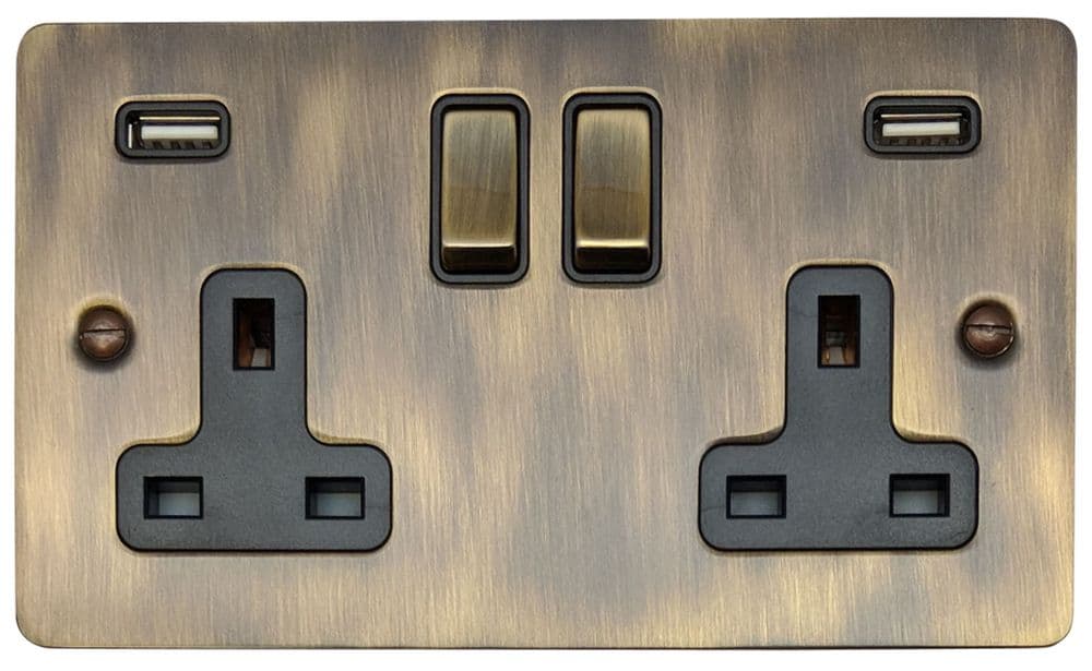 Flat Antique Brass Socket with USB (2 Gang)
