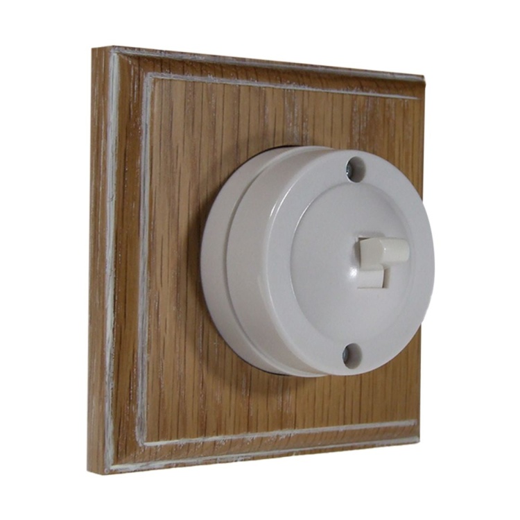 1G Push to Make Bakelite White Dolly Switch on a Limed Oak Base