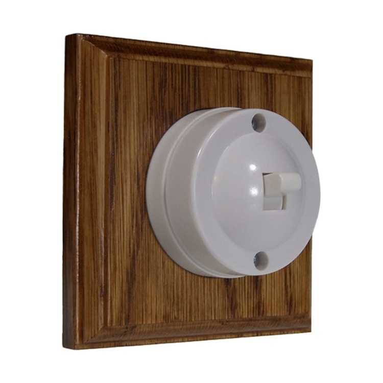 1G Push to Make Bakelite White Dolly Switch on a Medium Oak Base
