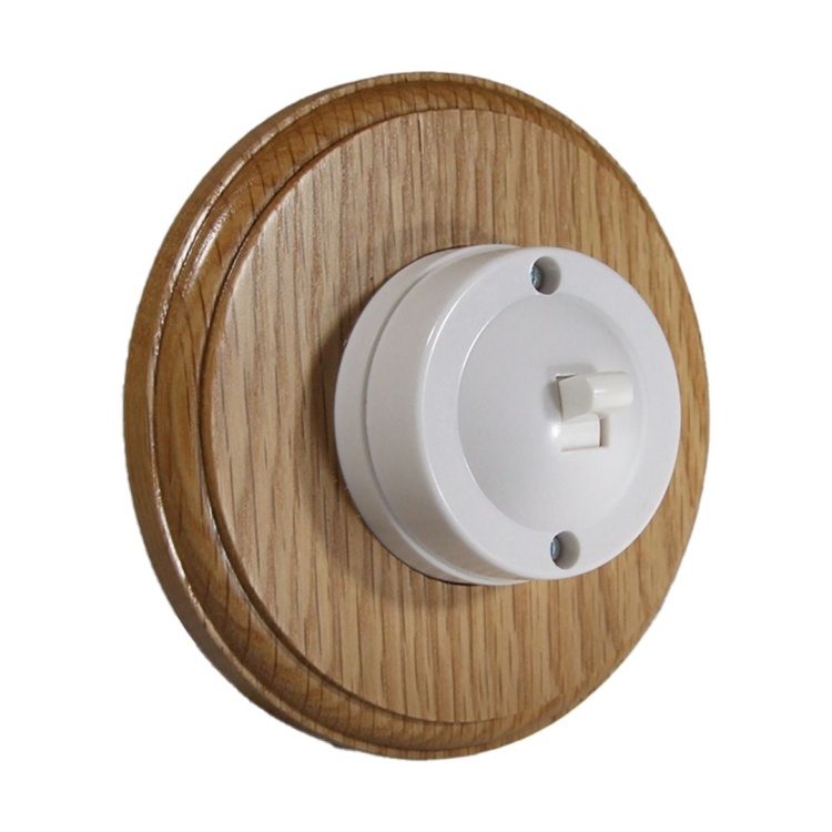 Bakelite Push to Make 1G White Dolly Switch on a Round Light Oak Base