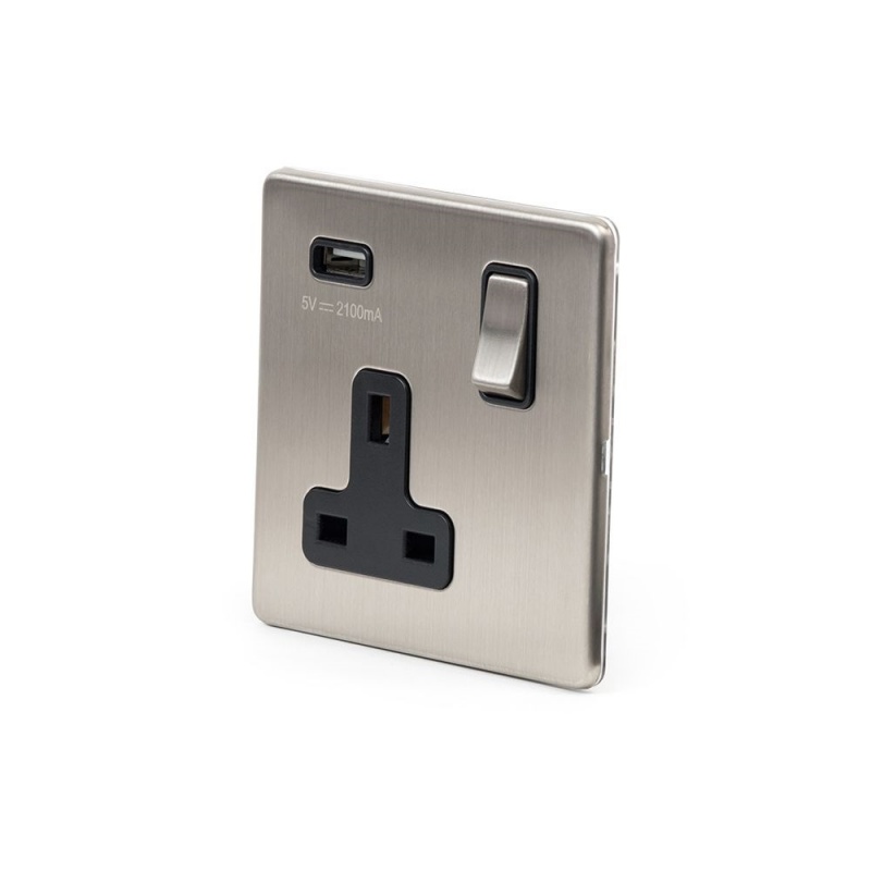 The Lombard Collection Satin Steel Luxury 1 Gang Single USB Socket with ...