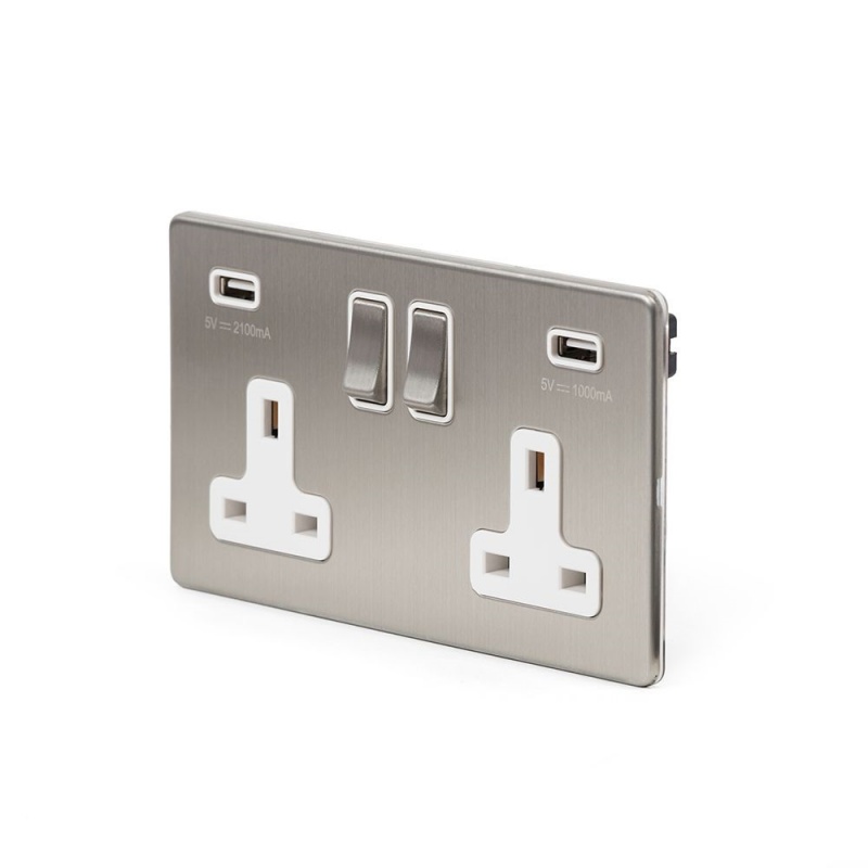 The Lombard Collection Satin Steel Luxury 2 Gang Double USB Socket with ...