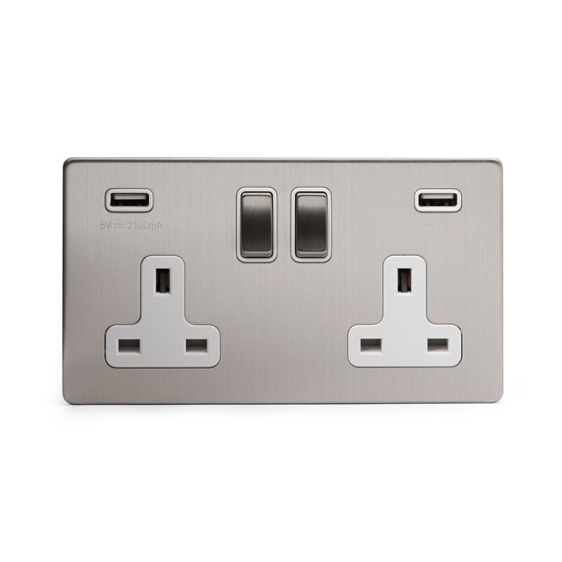 The Lombard Collection Satin Steel Luxury 2 Gang Double USB Socket with ...