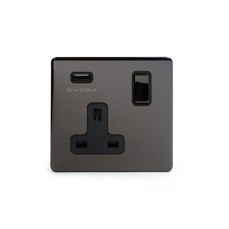 The Connaught Collection Black Nickel 1 Gang USB Socket with Black Insert