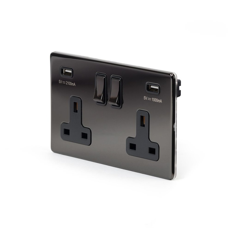 The Connaught Collection Black Nickel 2 Gang USB Socket with Black Insert