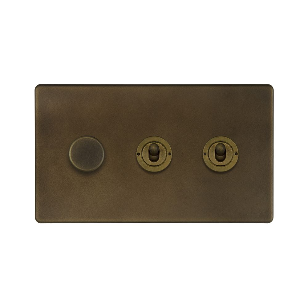 Vintage Brass 3 Gang Switch with 1 Dimmer (1x150W LED Dimmer 2x20A 2 ...