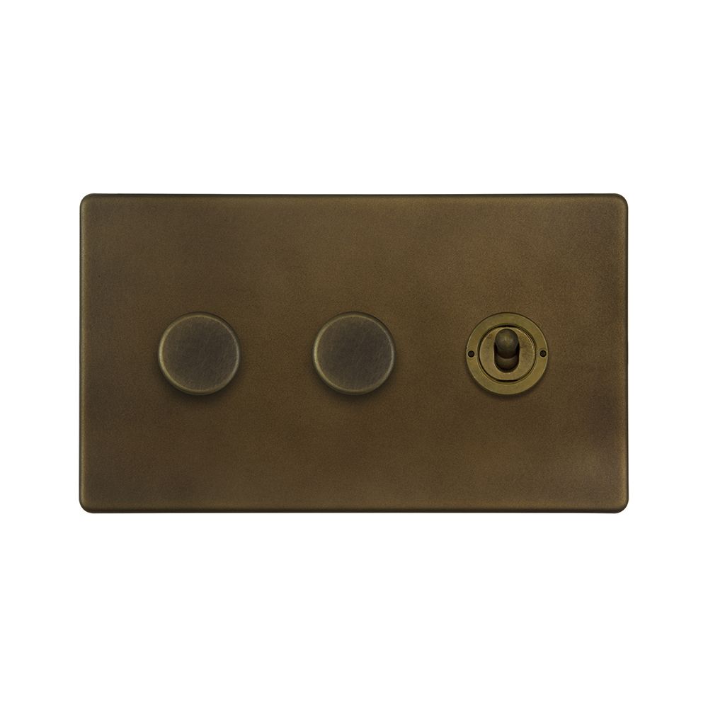 Vintage Brass 3 Gang Switch with 2 Dimmers (2x150W LED Dimmer 1x20A 2 ...