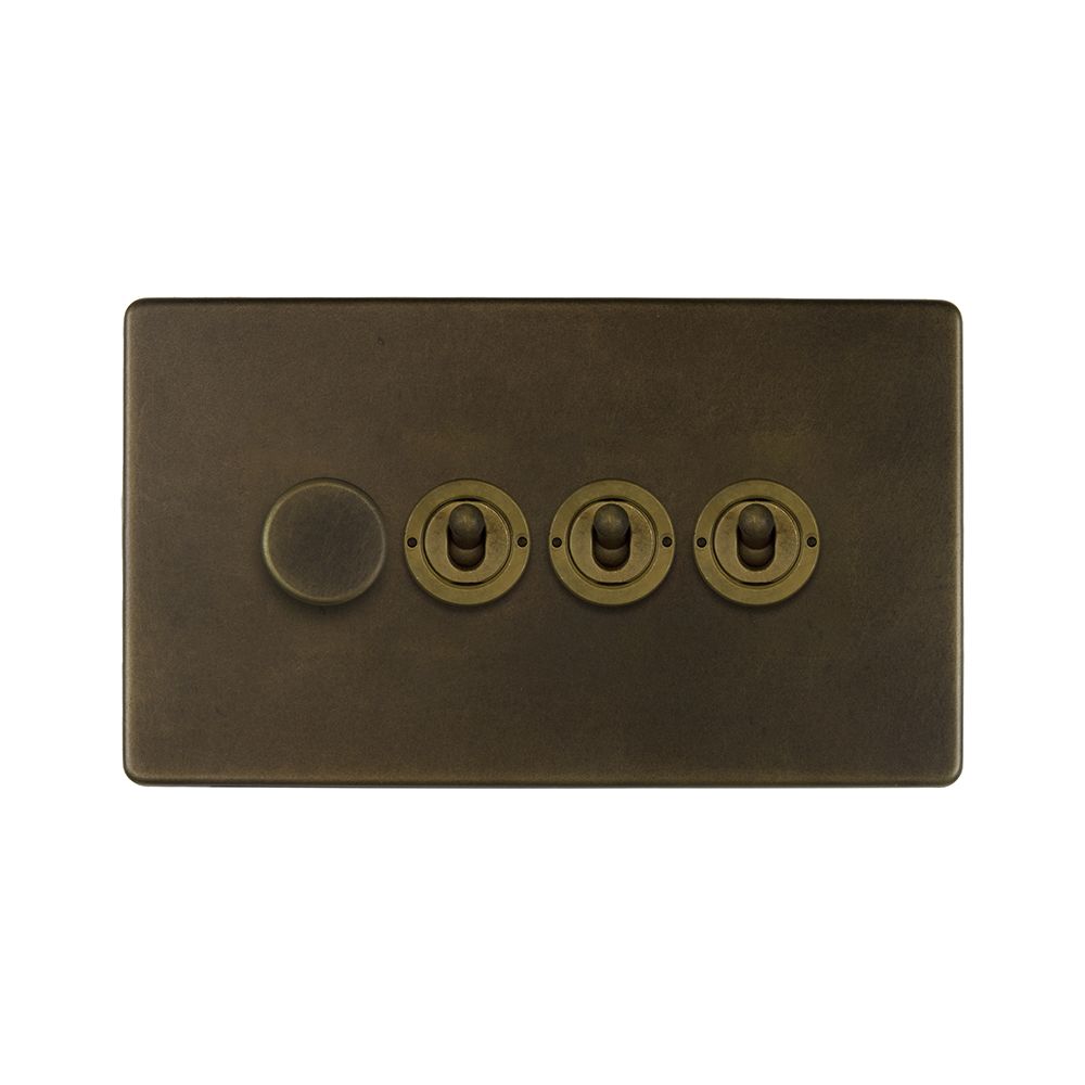 Vintage Brass 4 Gang Switch with 1 Dimmer (1x150W LED Dimmer 3x20A 2 ...